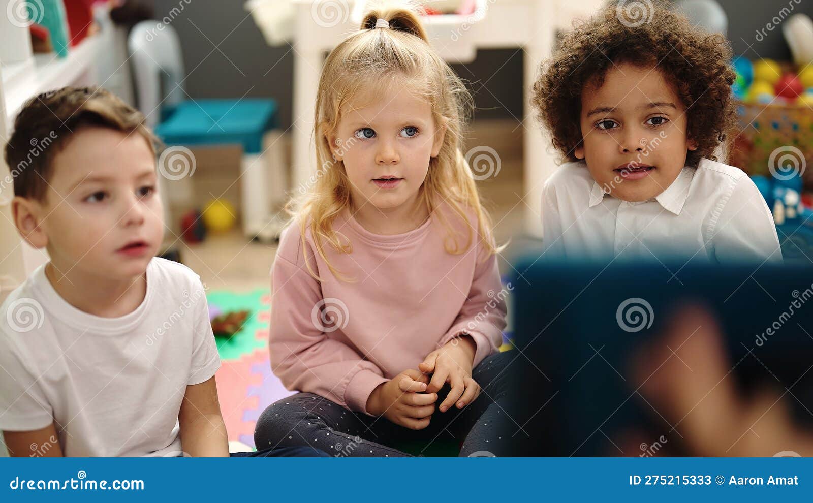 Group of Kids Sitting on Floor Having Lesson with Touchpad at ...