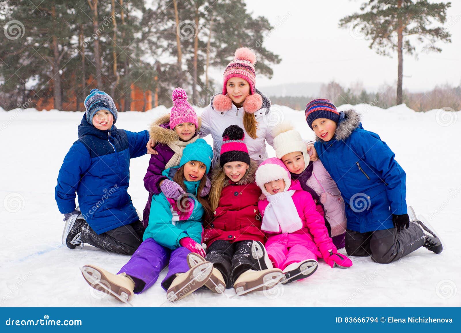 Group of Kids Sitting on the Ice Stock Photo - Image of health ...