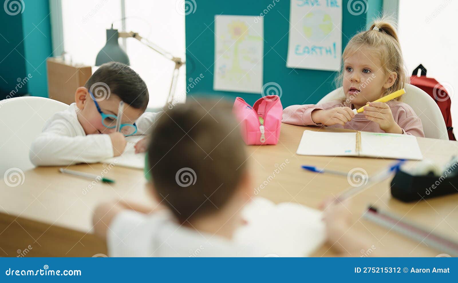 Group of Kids Students Sitting on Table Drawing on Notebook at ...