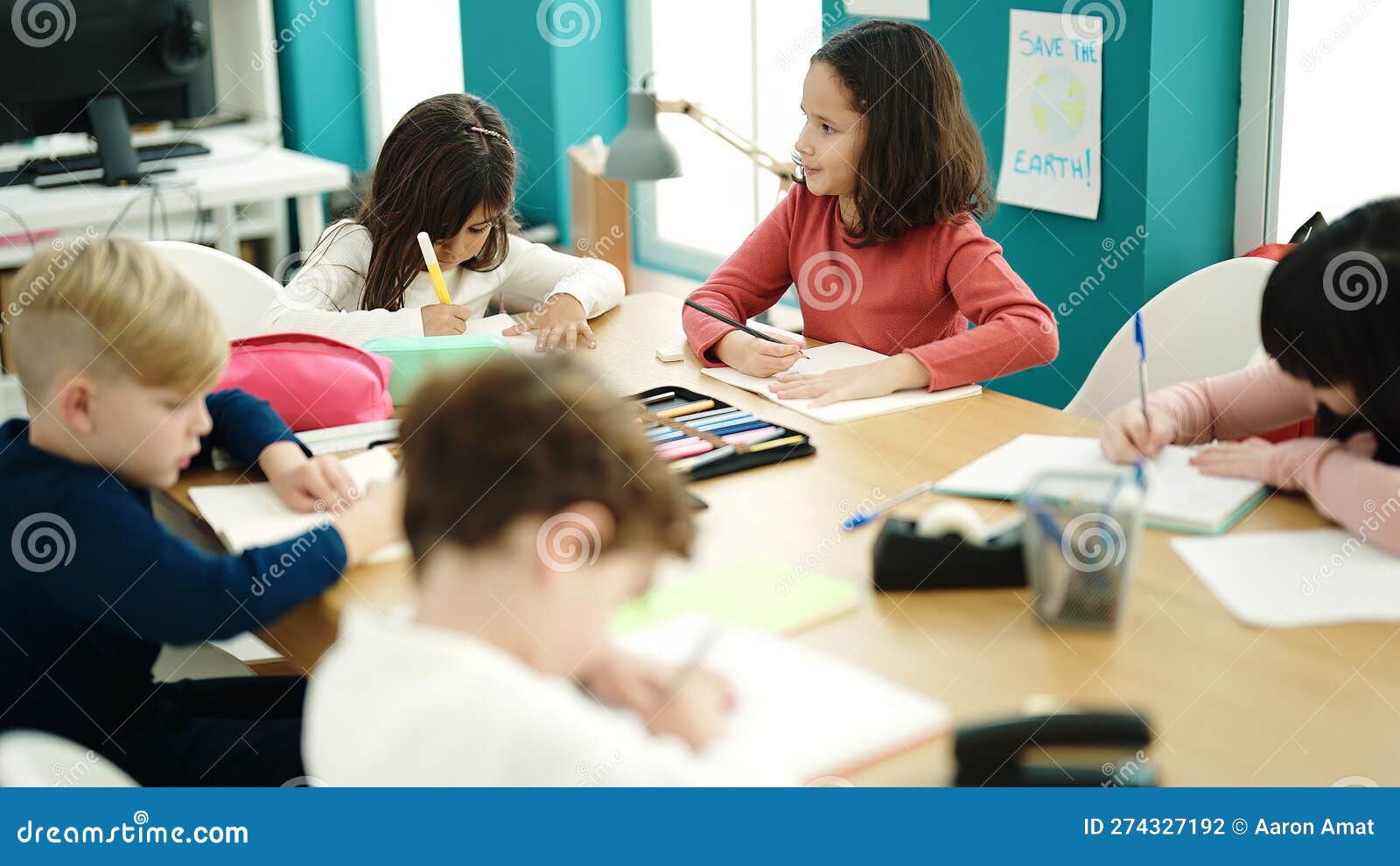 Group of Kids Students Sitting on Table Studying at Classroom Stock ...