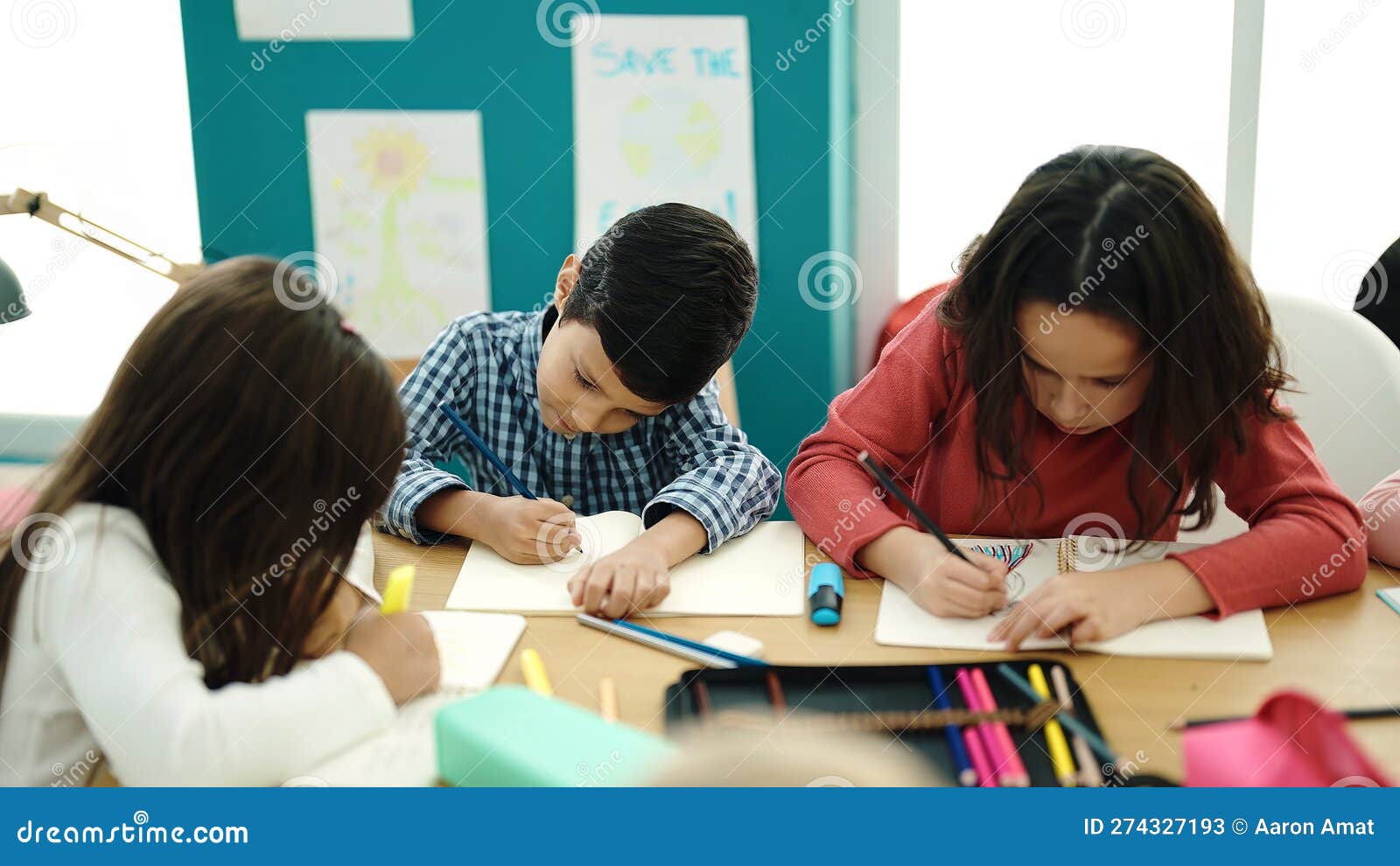 Group of Kids Students Sitting on Table Studying at Classroom Stock ...