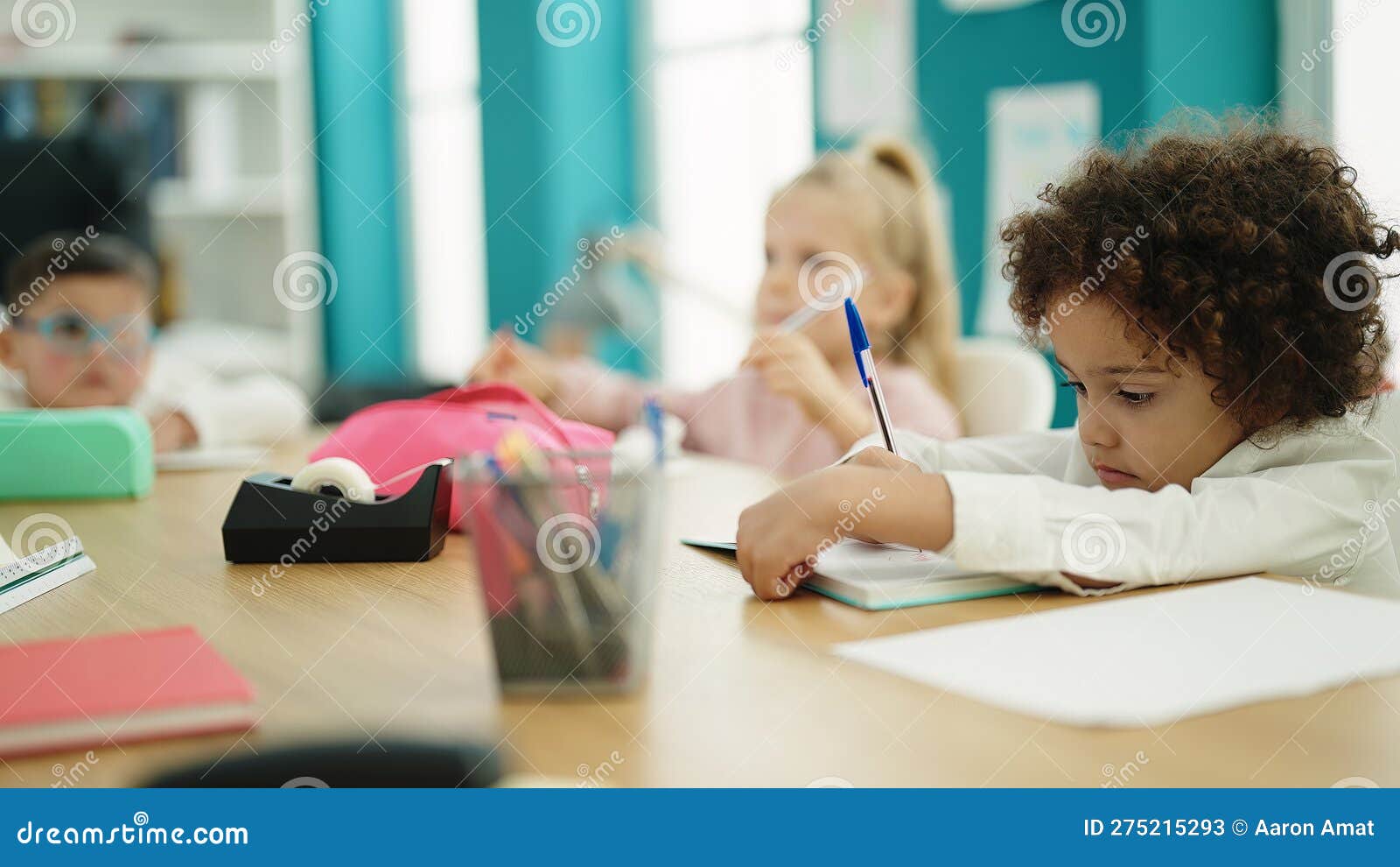 Group of Kids Students Sitting on Table Studying at Classroom Stock ...