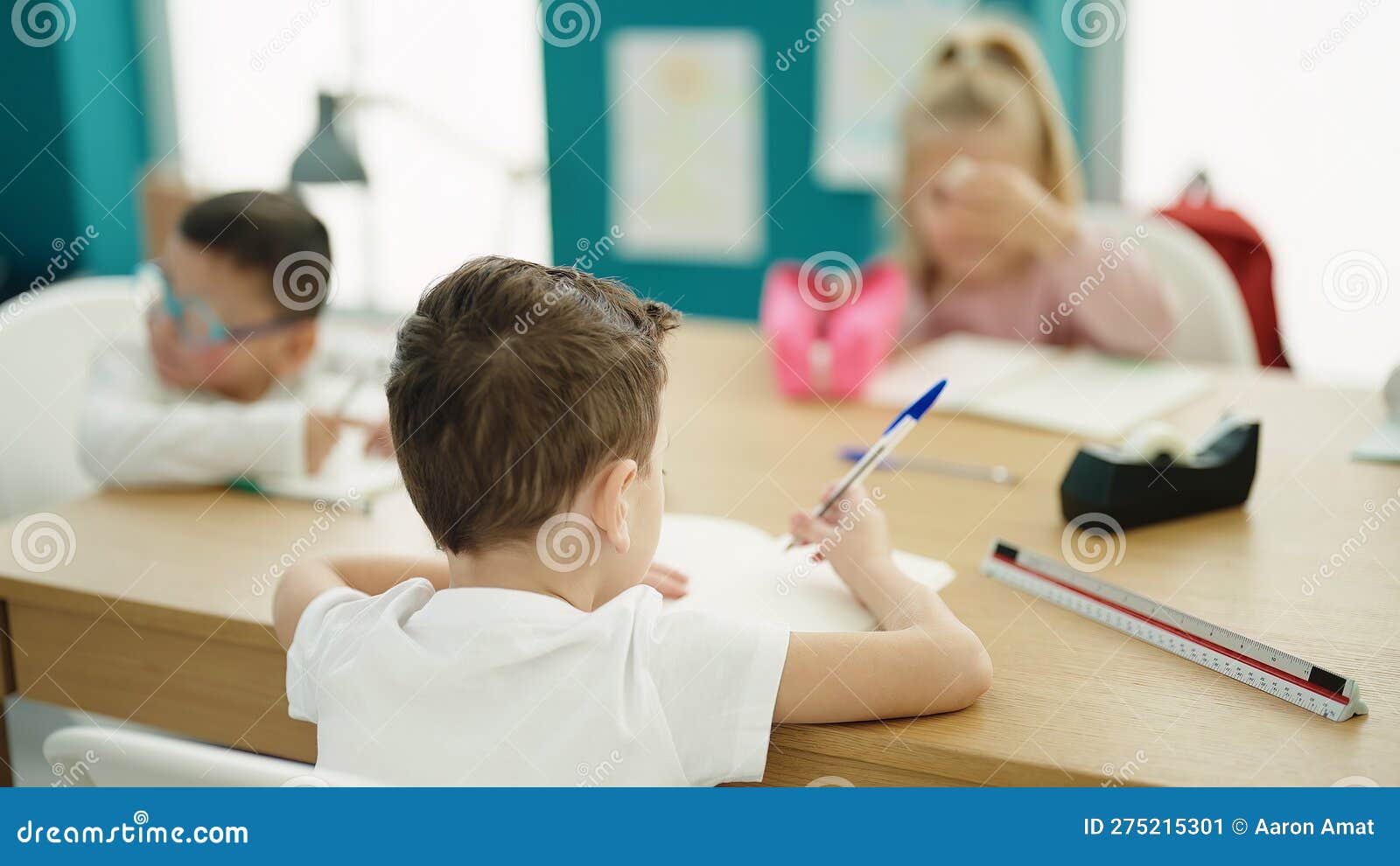 Group of Kids Students Sitting on Table Studying at Classroom Stock ...