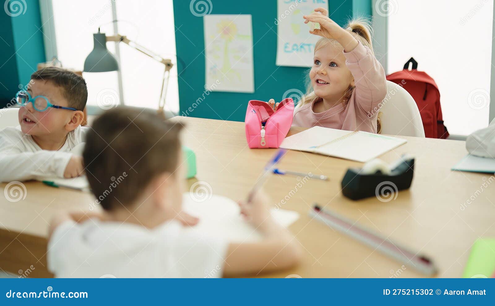 Group of Kids Students Sitting on Table Studying at Classroom Stock ...