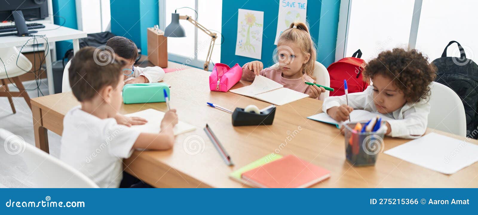 Group of Kids Students Sitting on Table Studying at Classroom Stock ...