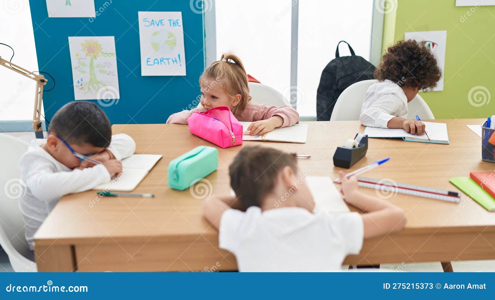 Group of Kids Students Sitting on Table Studying at Classroom Stock ...