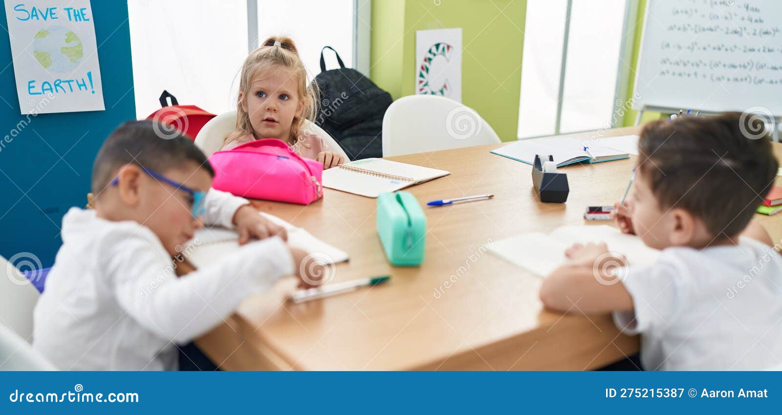 Group of Kids Students Sitting on Table Studying at Classroom Stock ...