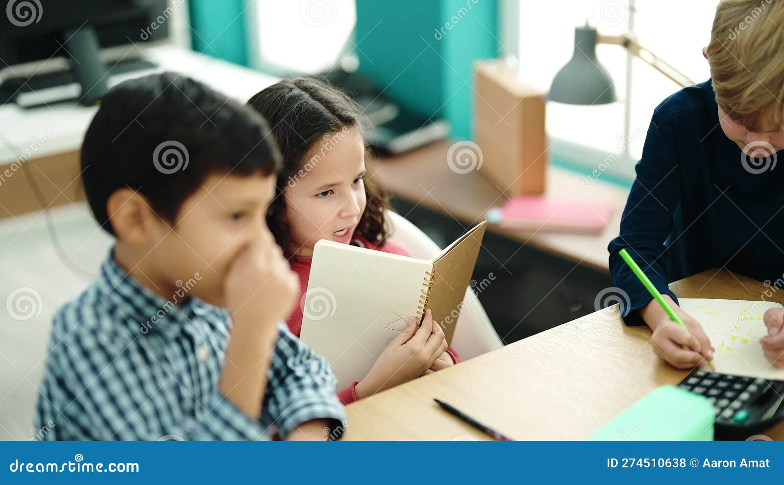Group of Kids Students Sitting on Table Studying at Classroom Stock ...