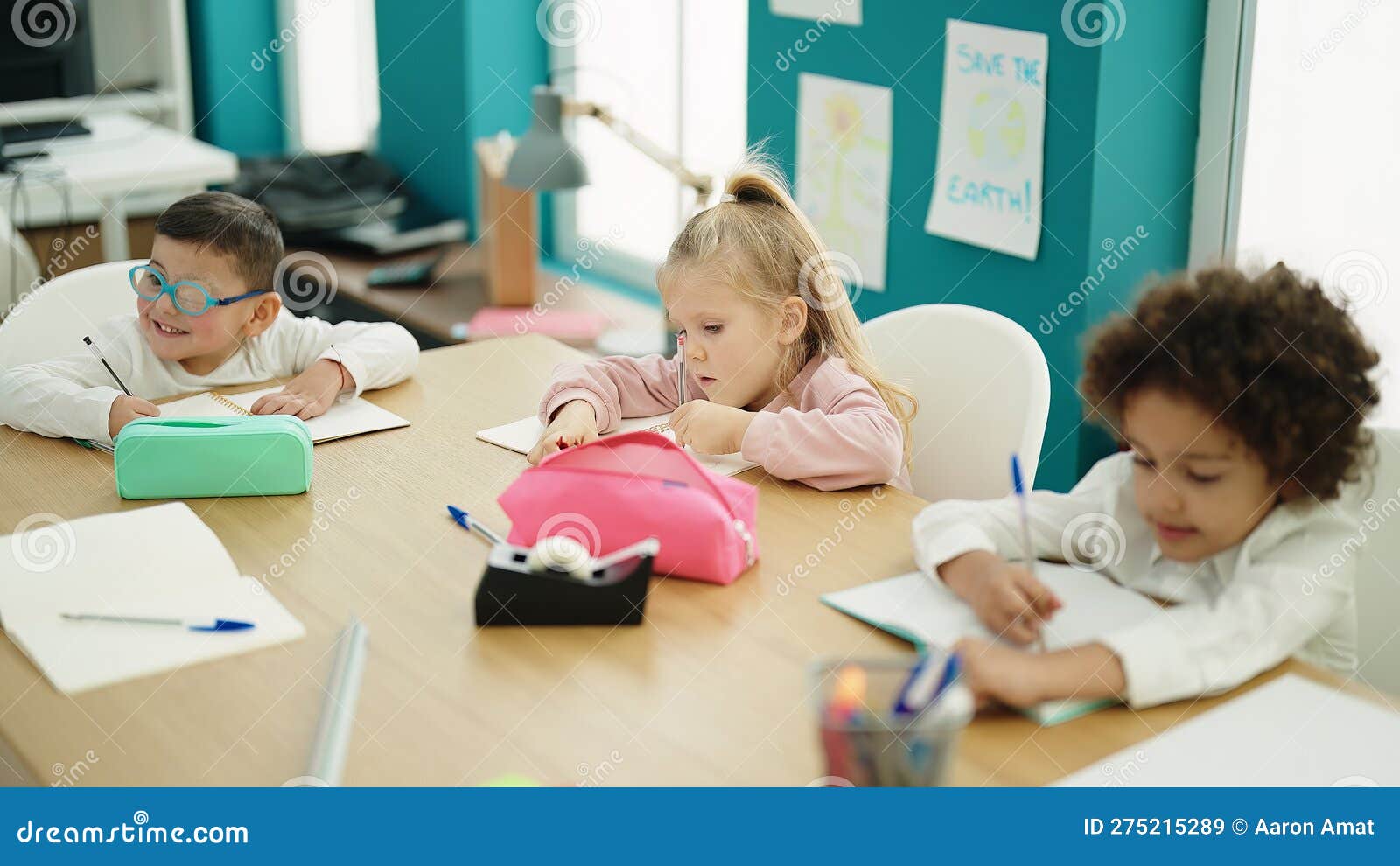 Group of Kids Students Sitting on Table Studying at Classroom Stock ...
