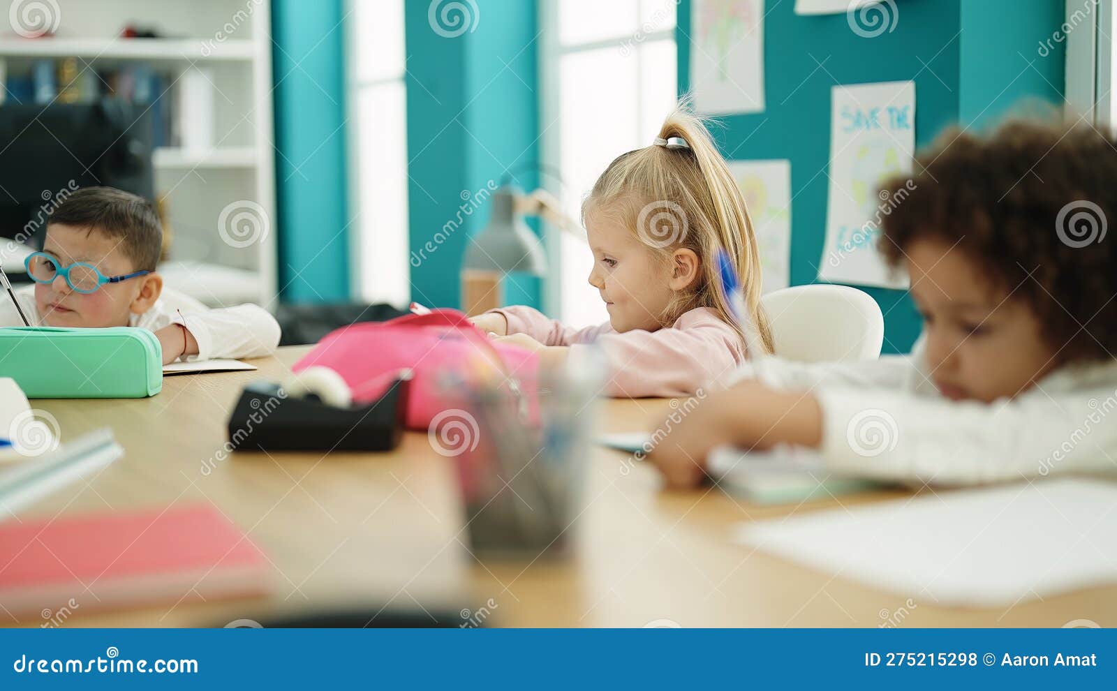 Group of Kids Students Sitting on Table Studying at Classroom Stock ...