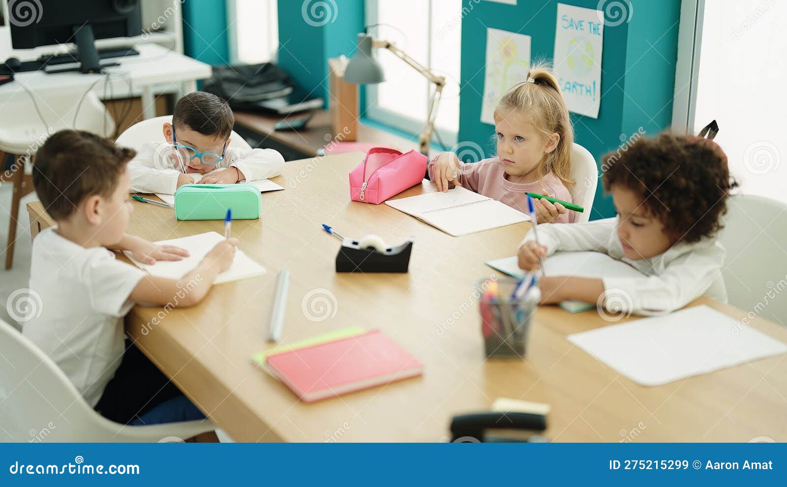 Group of Kids Students Sitting on Table Studying at Classroom Stock ...