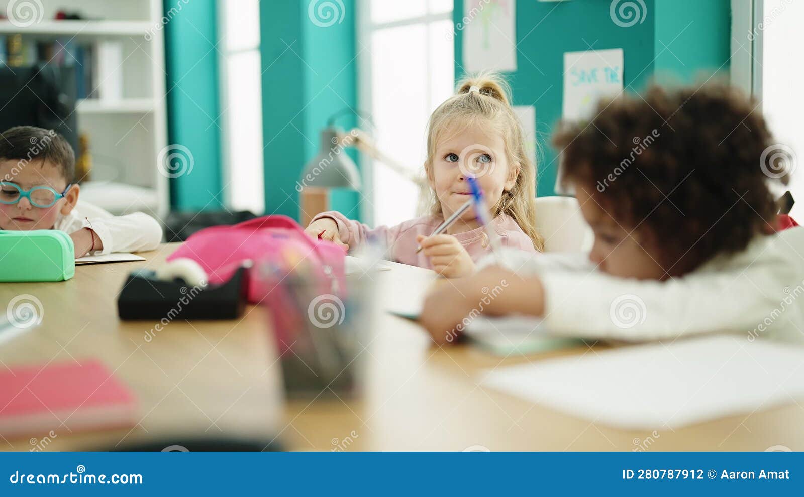 Group of Kids Students Sitting on Table Studying at Classroom Stock ...
