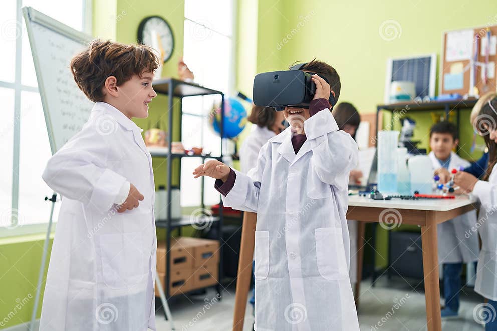 Group of Kids Students Using Virtual Reality Glasses at Laboratory ...