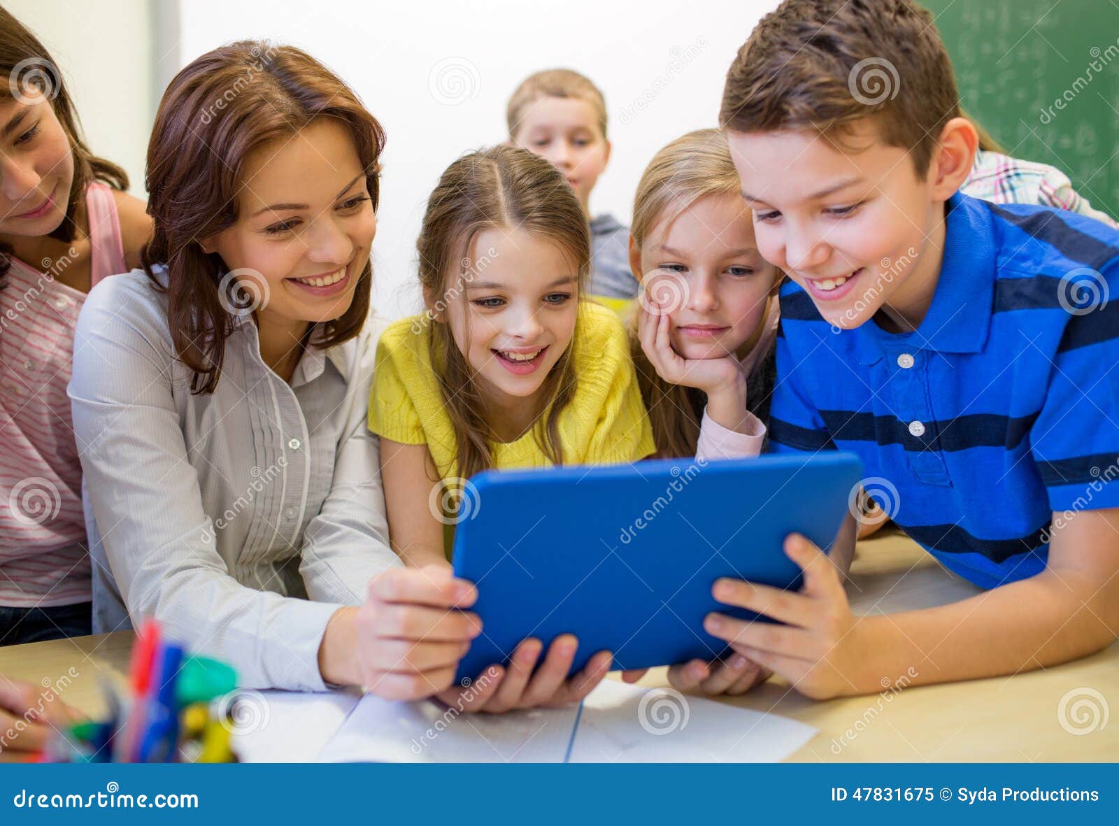 Group of Kids with Teacher and Tablet Pc at School Stock Image - Image ...