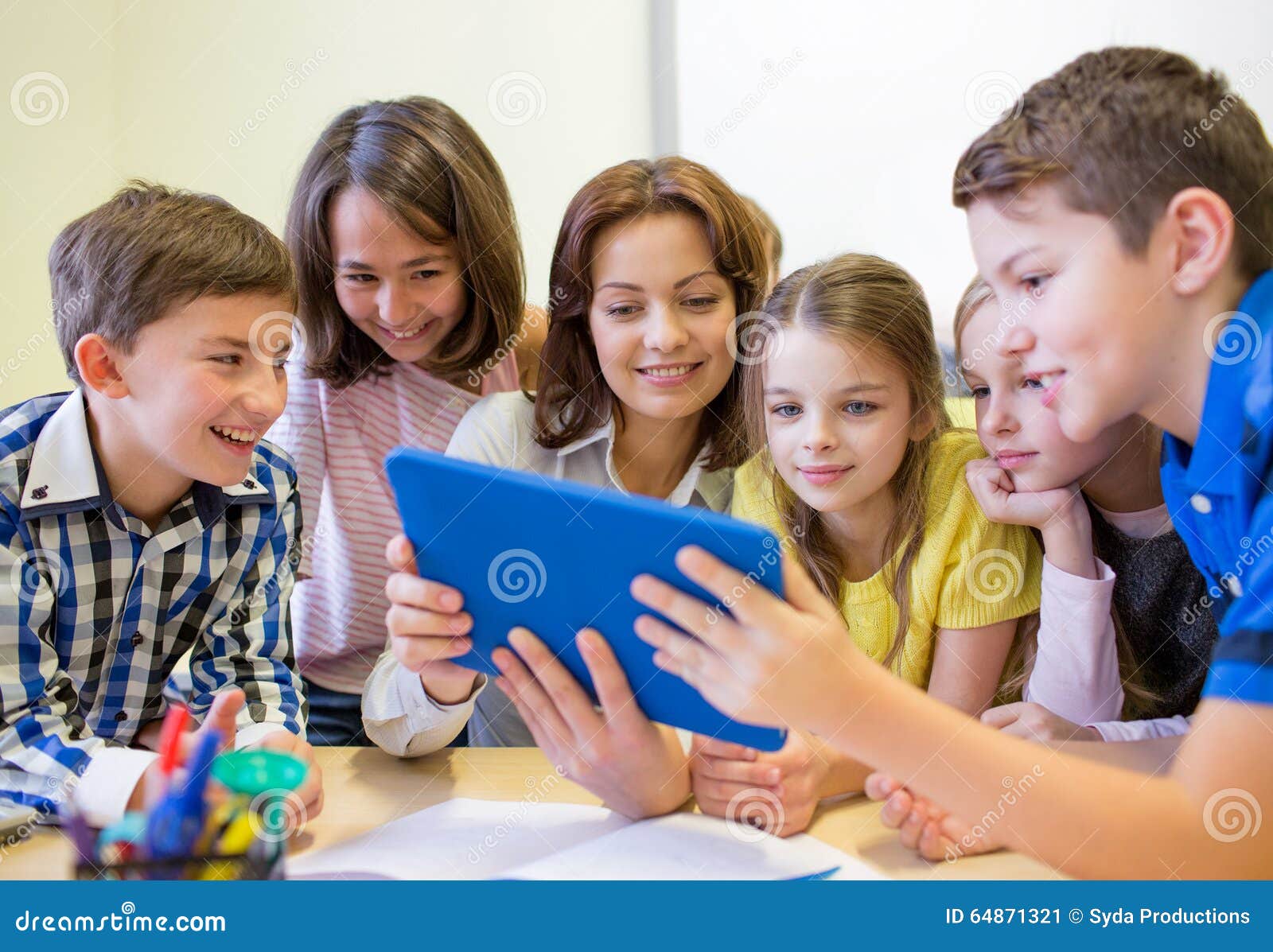 Group of Kids with Teacher and Tablet Pc at School Stock Image - Image ...