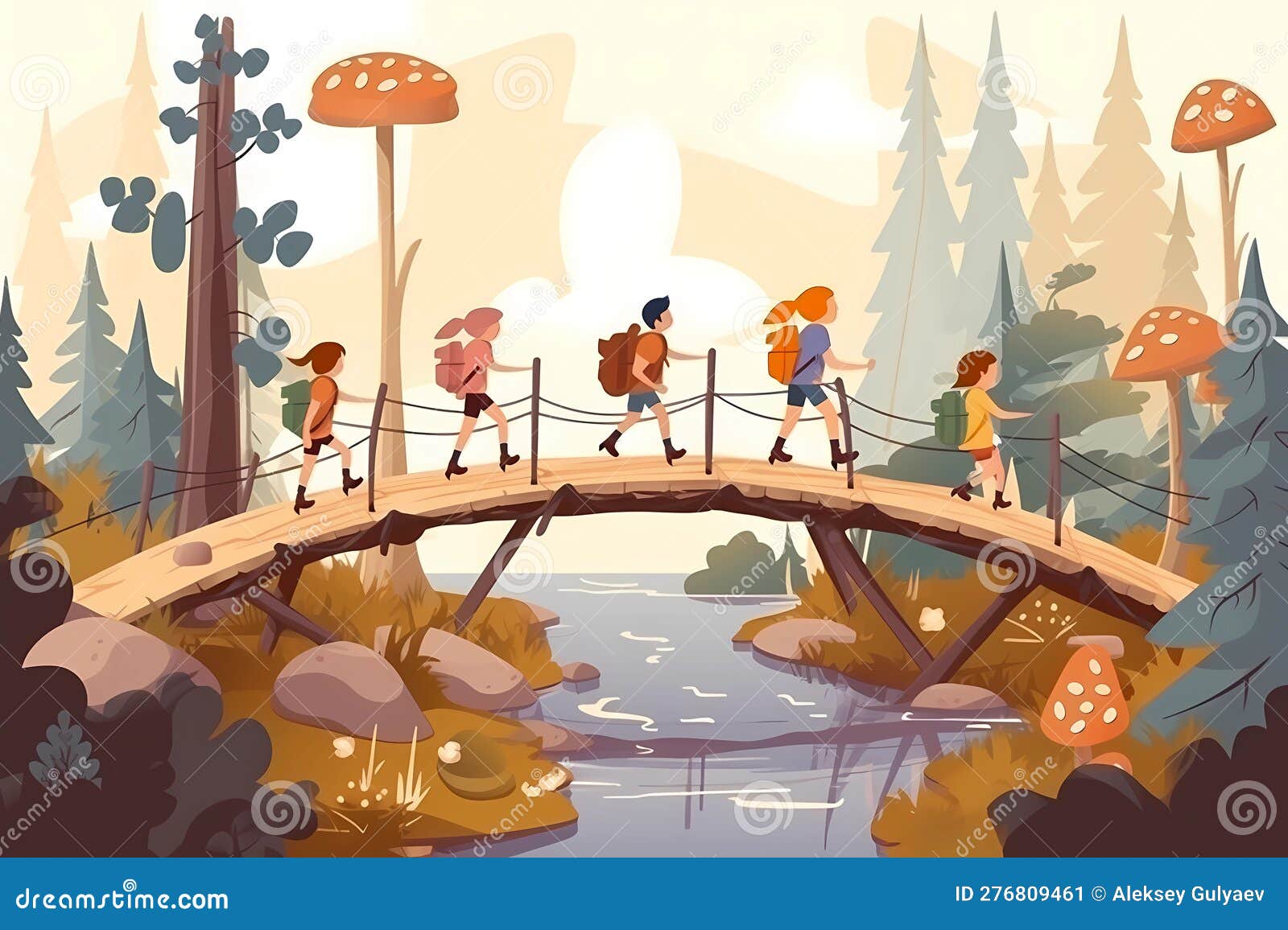 A Group of Kids Walking Across a Bridge with a Mushroom AI Generation ...