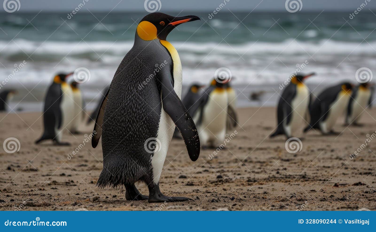 King Penguins Aptenodytes Patagonicus Standing On A Rock, Group Of King ...
