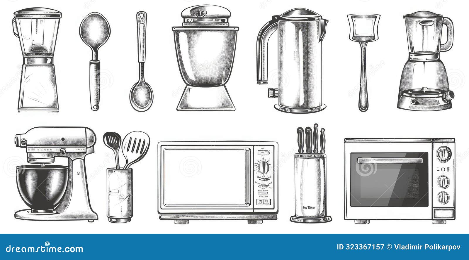 A Group of Kitchen Appliances and Utensils Arranged on a Table or ...
