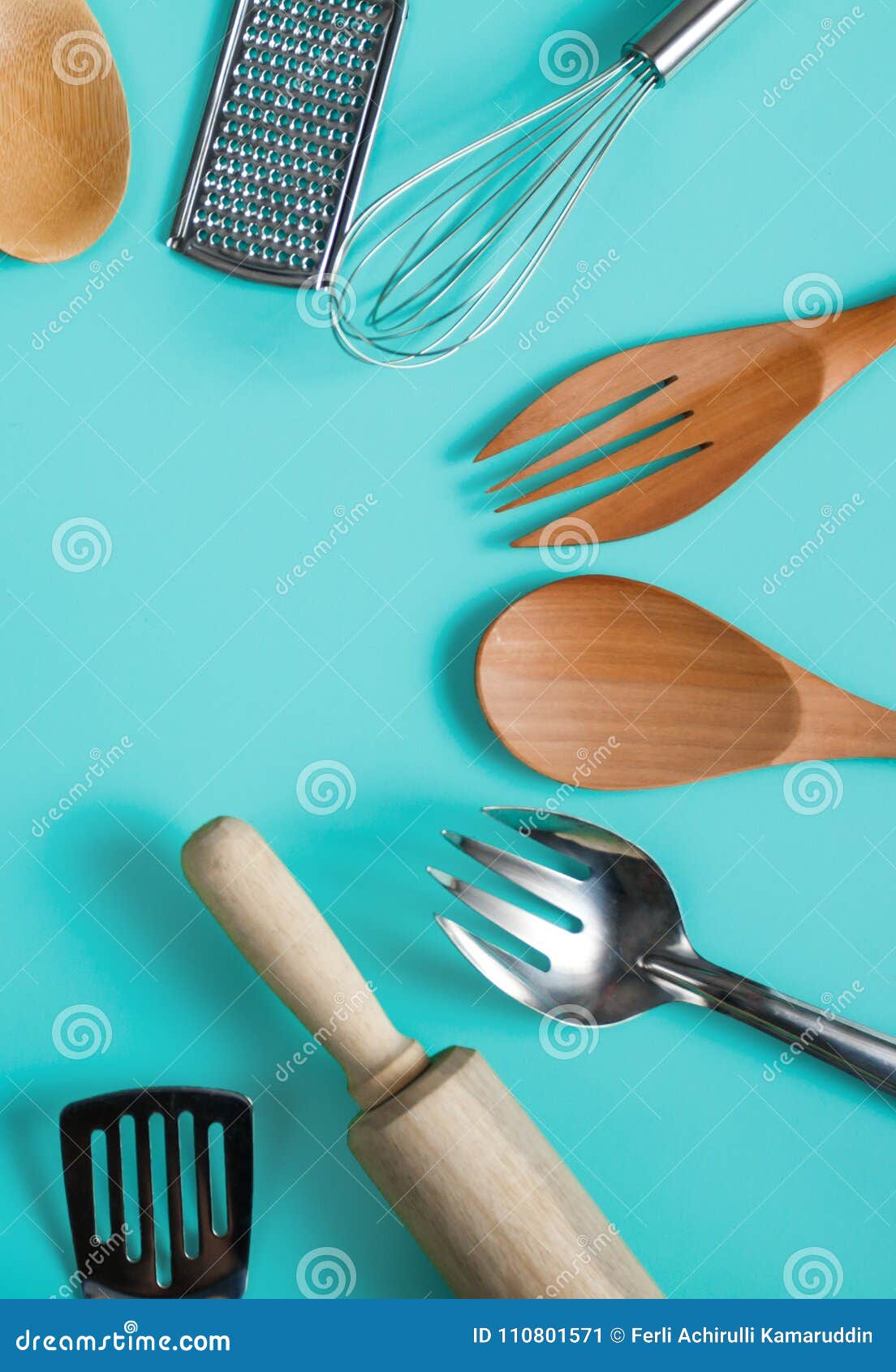 Group of Kitchen Utensils on Blue Pastel Background Stock Image - Image ...