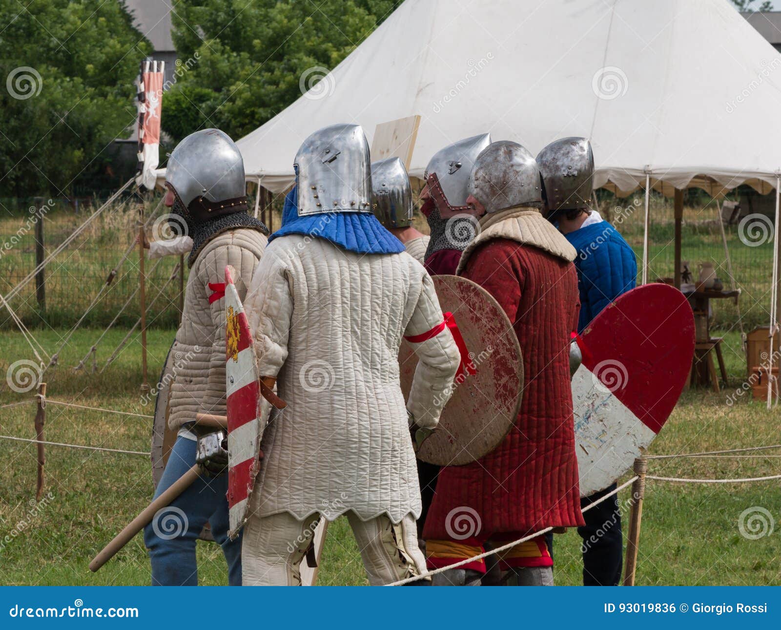 Group of Knights with Silver Helmets and Shields Ready for Battle ...