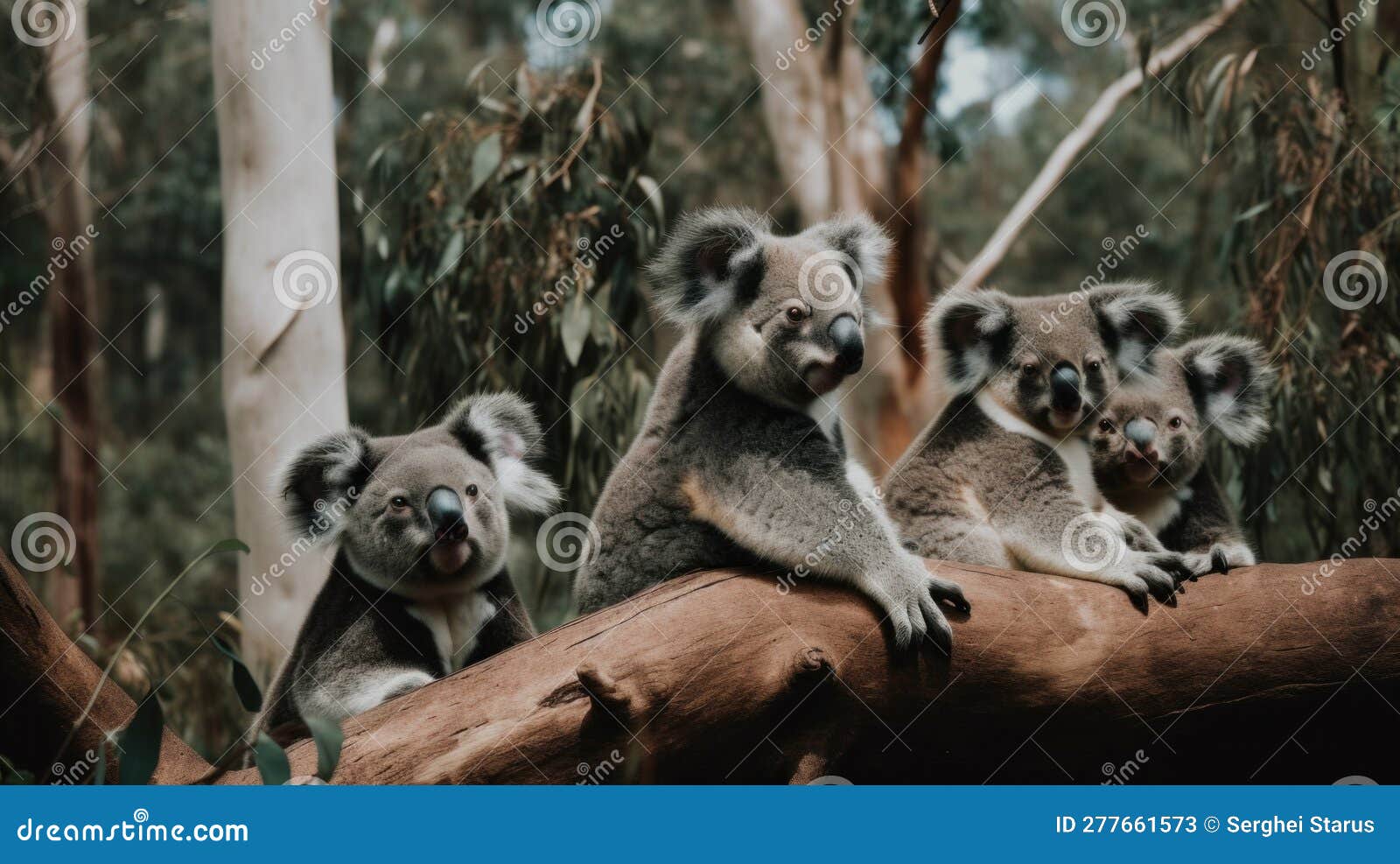 A Group of Koalas Sitting on a Tree Branch. Generative AI Image. Stock ...