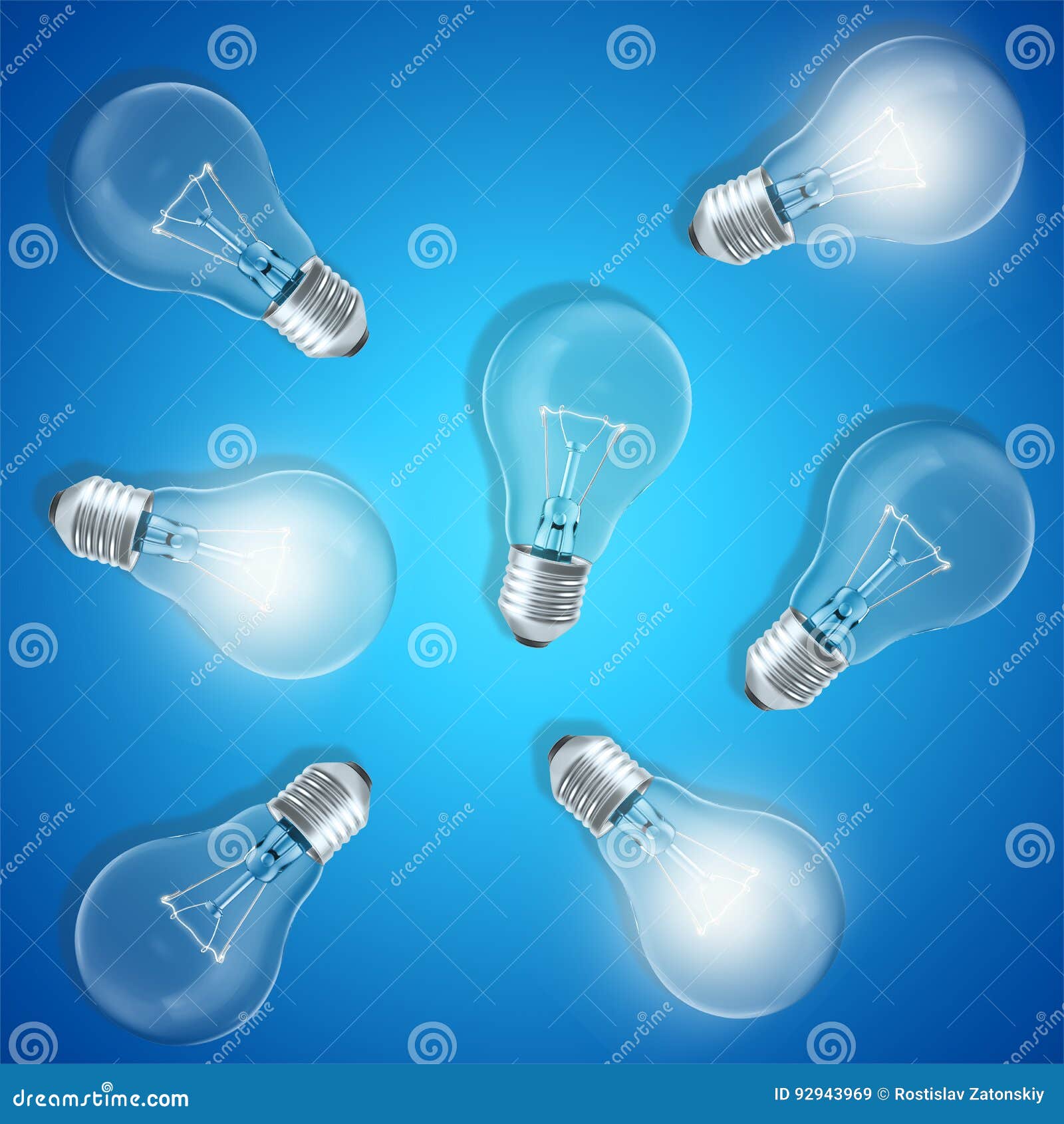 Group of Lamp Bulbs on Blue Background with Glowing Bulbs. Concept ...