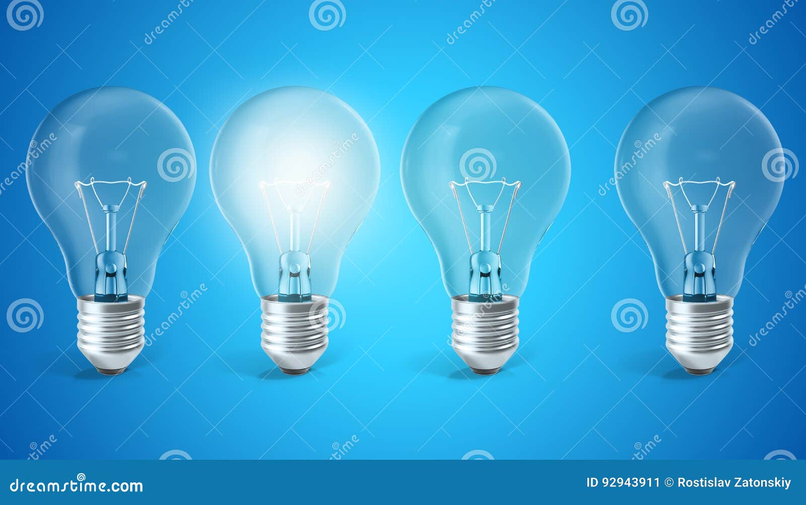 Group of Lamp Bulbs on Blue Background with Single Glowing Bulb ...