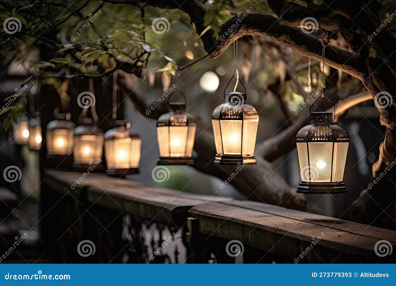 Group of Lanterns Hanging from a Tree, Casting Soft Light on Garden ...