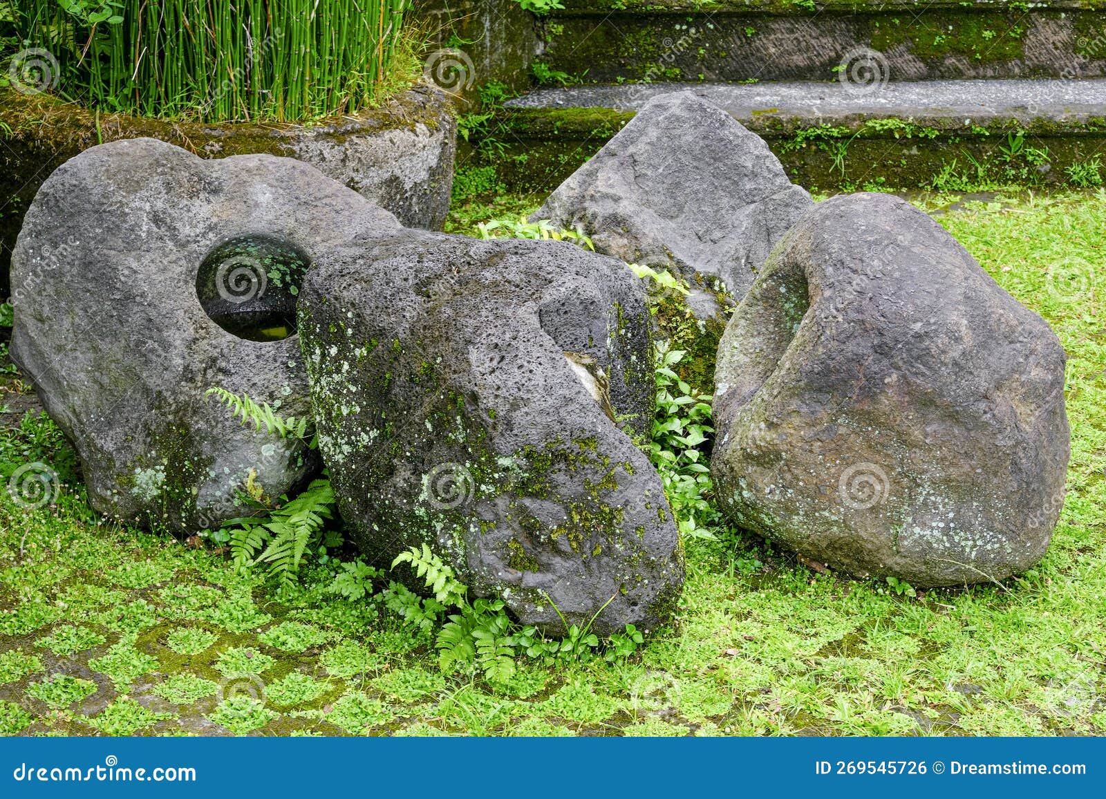Group of Large Boulders with Holes on Grass Squares Pavement Stock ...