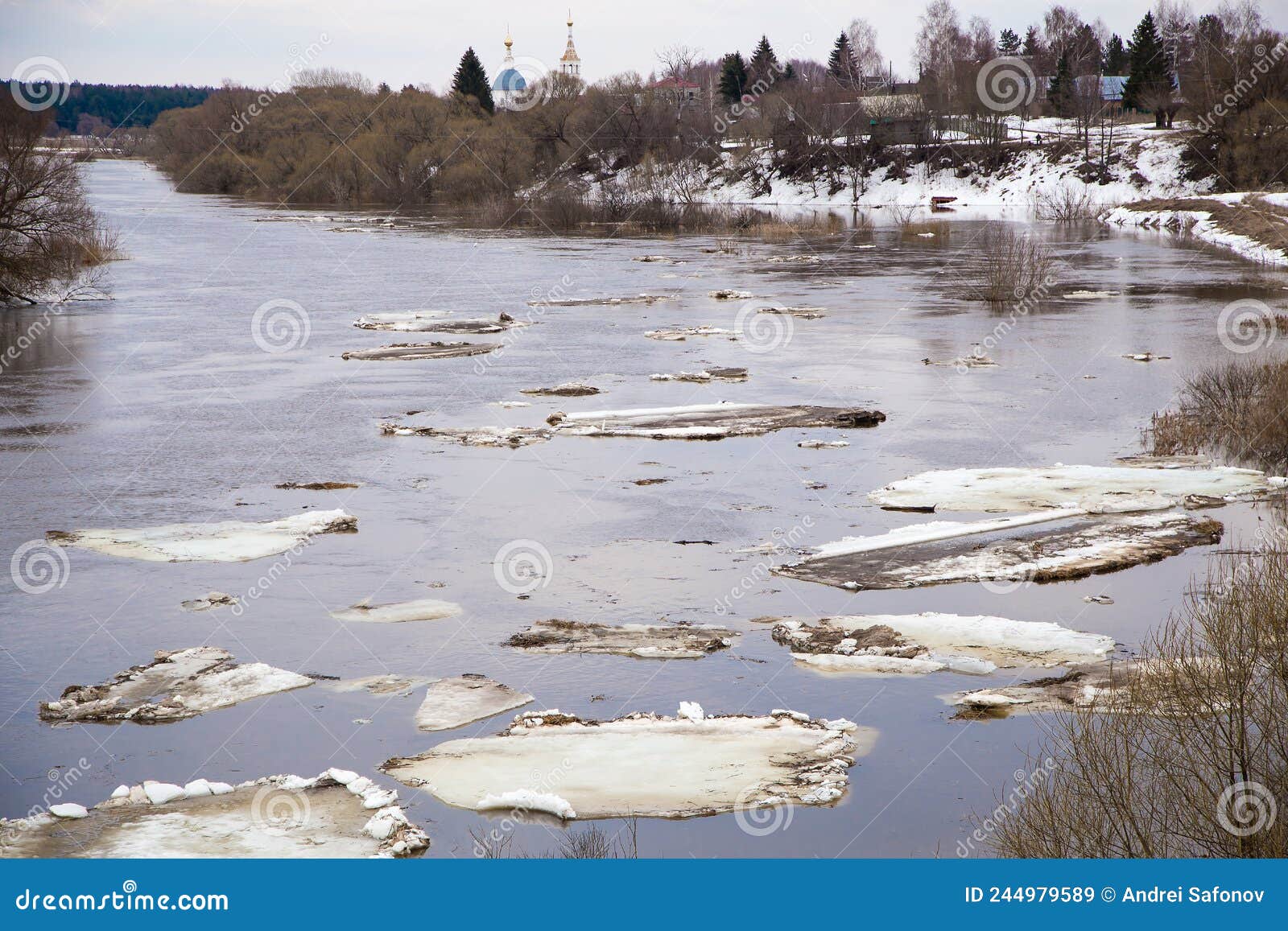 A Group of Large White Ice Floes are Floating Down the River. Stock ...