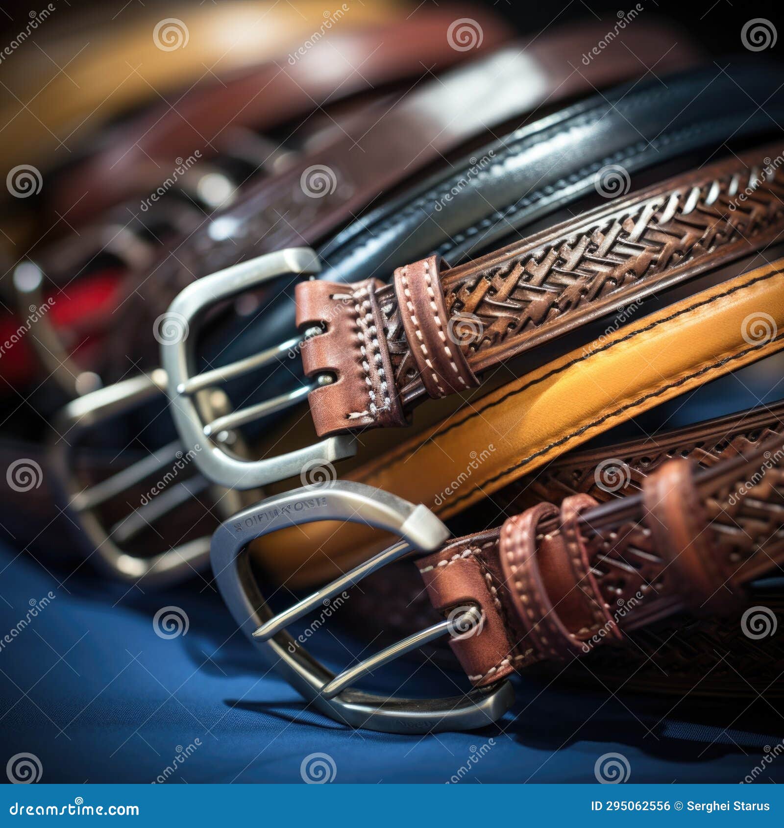 A Group of Leather Belts on a Blue Background, AI Stock Illustration ...