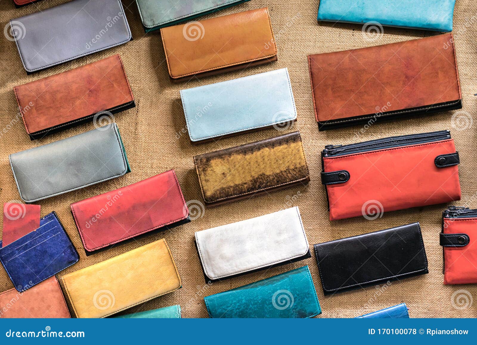 Group of Leather Wallets in Different Colours, Top View Stock Photo ...