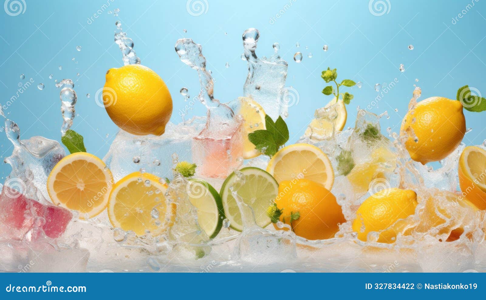 A Group of Lemons, Limes and Water Splash on Blue Background Stock ...
