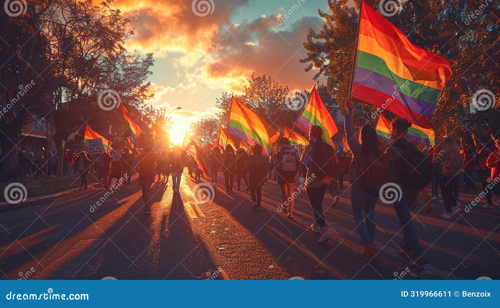 A Group of LGBTQ+ Activists Protesting with Signs and Rainbow Flags ...