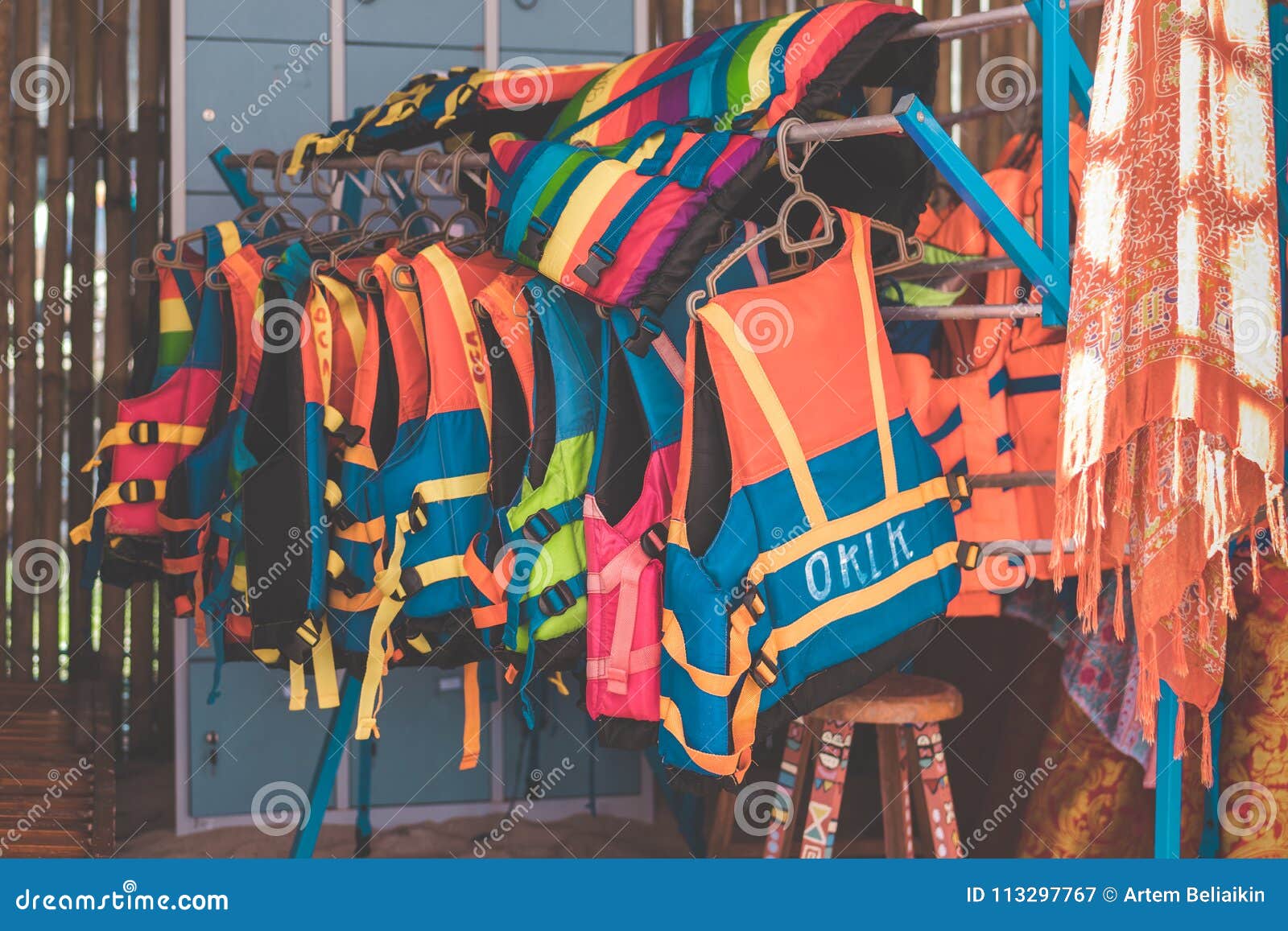 Group of Life Jacket or Life Vest on the Beach. Bali Island. Stock ...