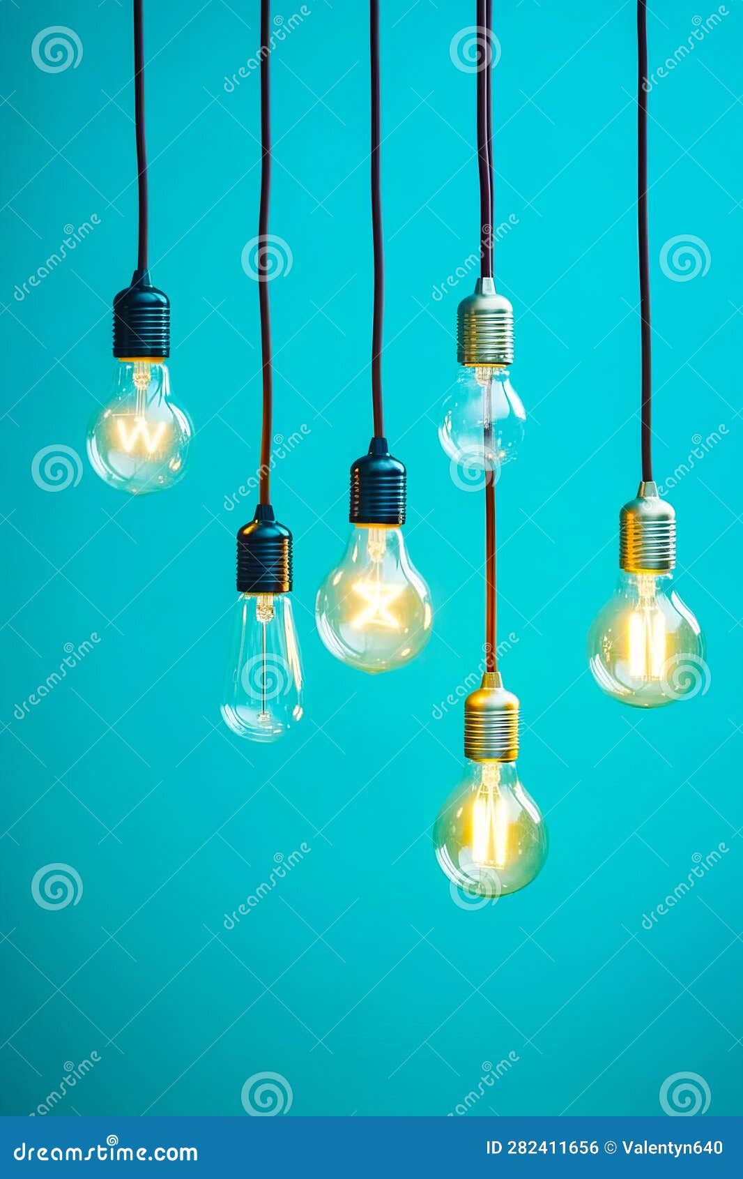 Group Of Light Bulbs Hanging From Line On Blue Wall With Blue