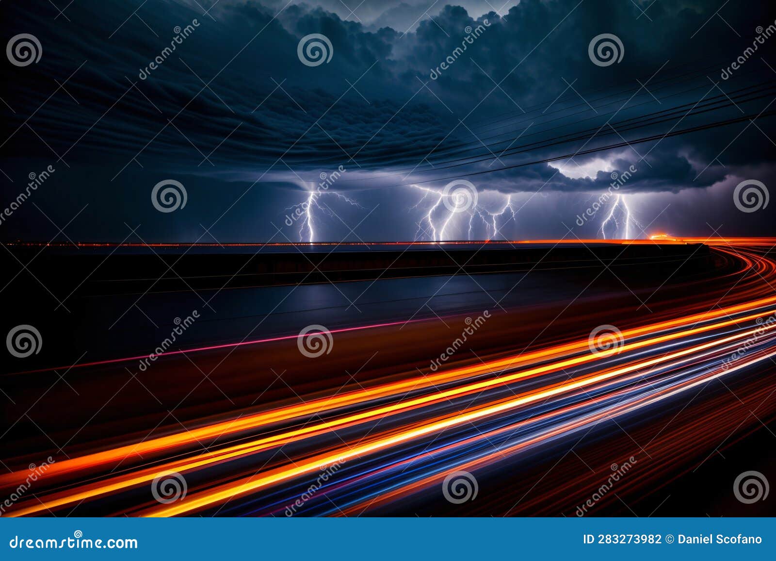 A Group of Lightning Strikes Over a Highway. Generative AI Stock ...