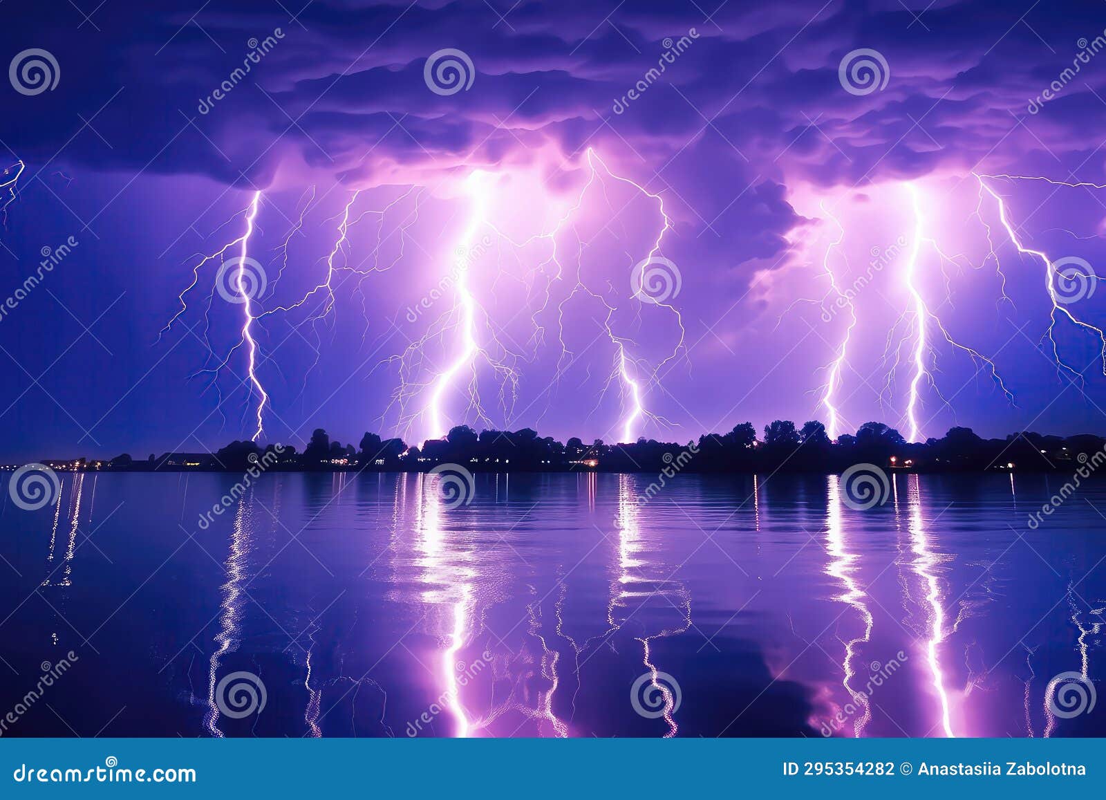 Group of Lightning Strikes Over Lake, Purple Lighting Stock ...