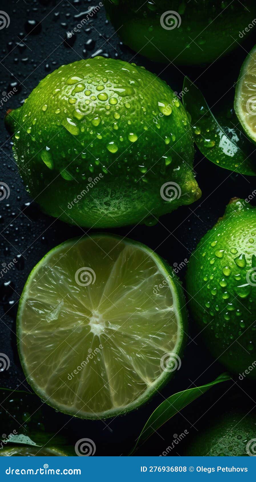 A Group of Limes with Water Droplets on Them and One Cut in Half and ...