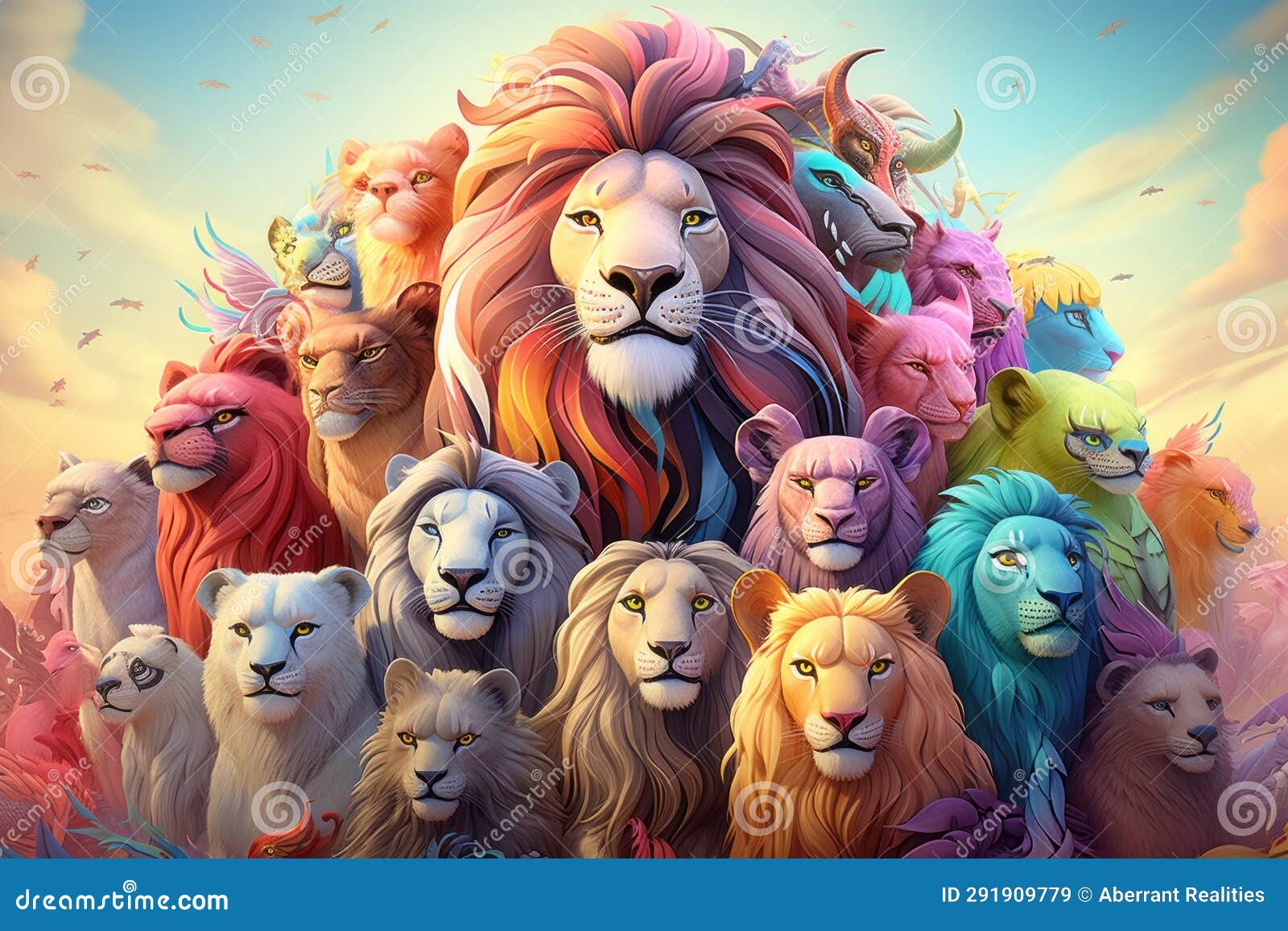 A Group of Lions with Many Different Colors Stock Illustration ...