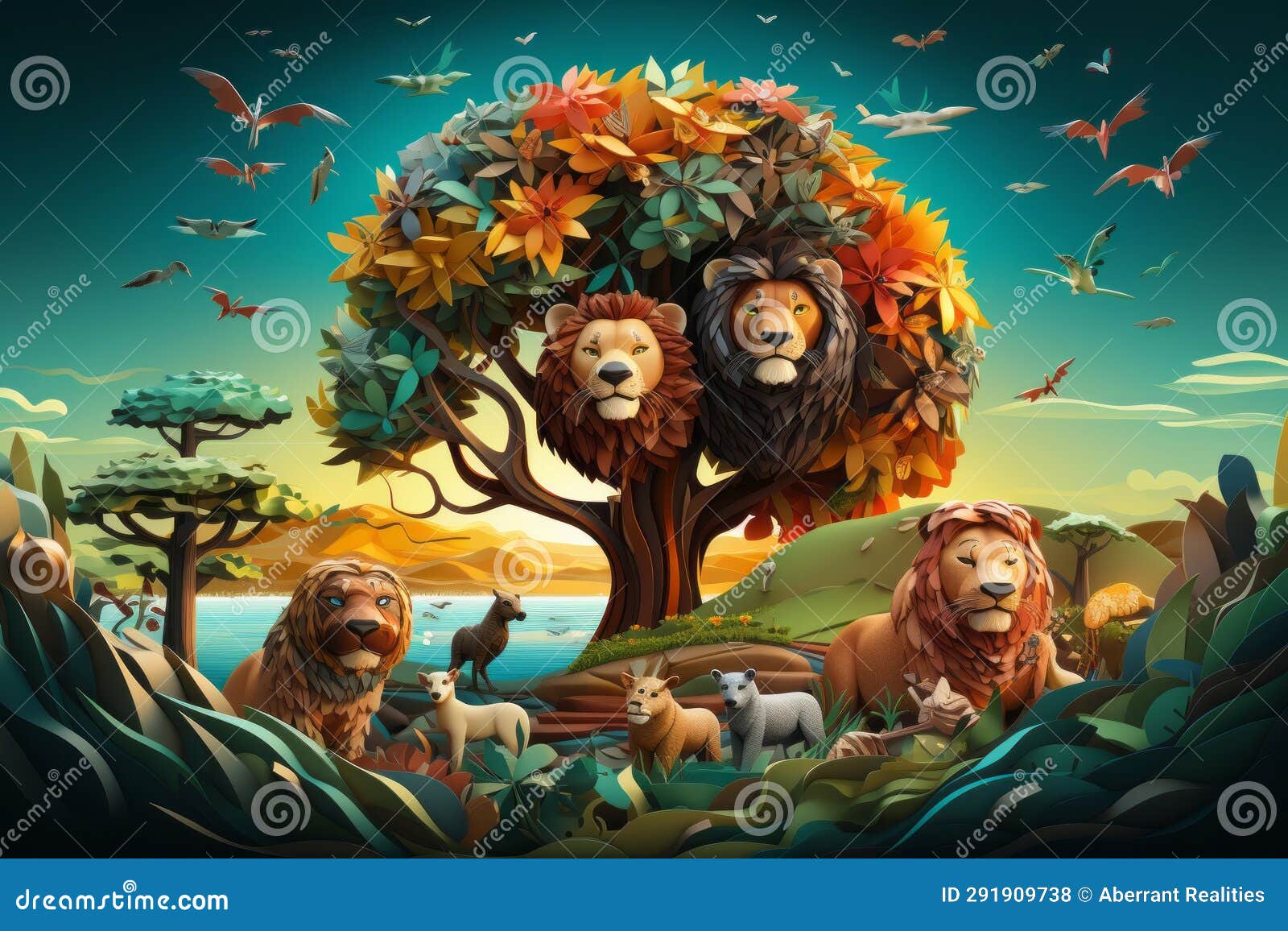 A Group of Lions and Other Animals Under a Tree Stock Illustration ...
