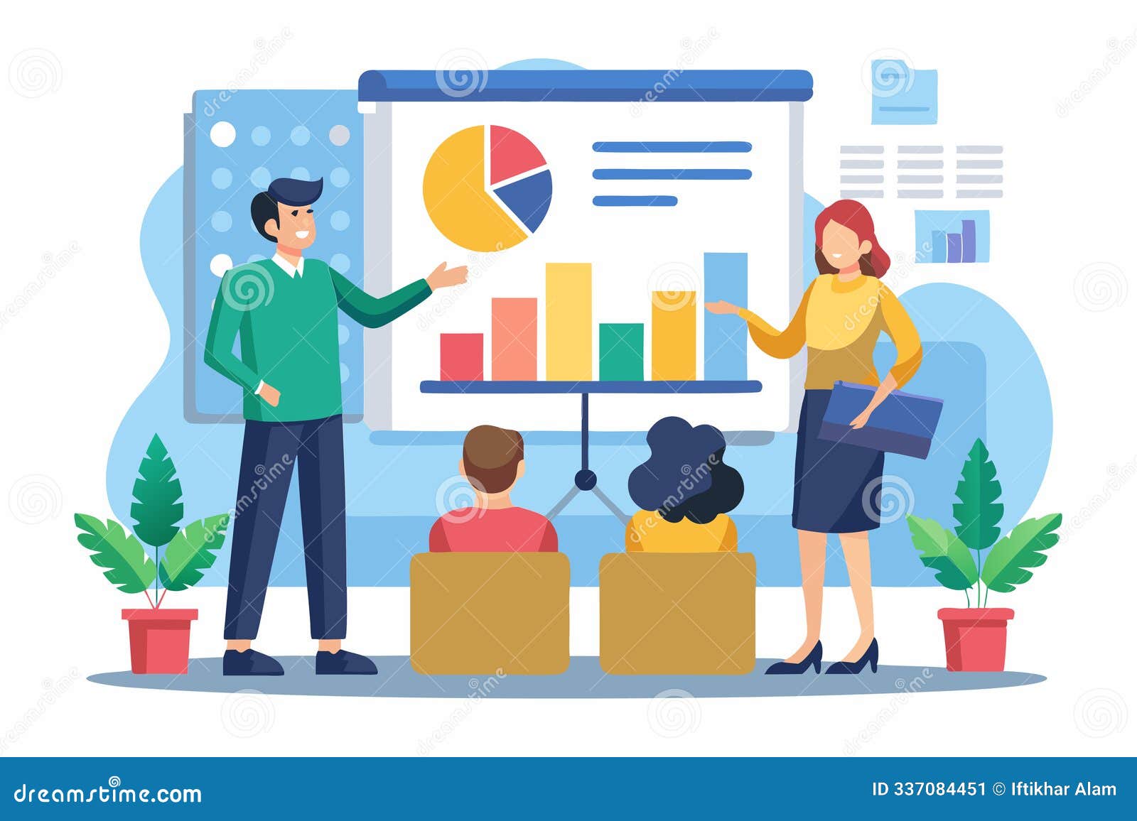 A Group Listens As Two Presenters Discuss Charts and Graphs on a Large ...