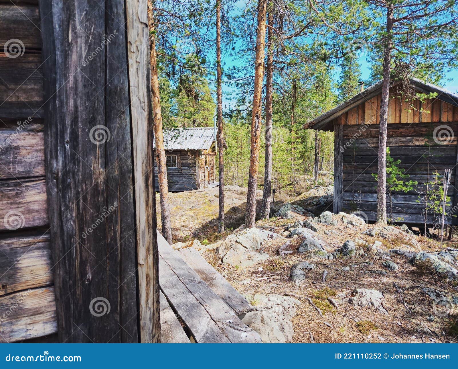 Group of Log Cabins in the Swedish Forest Stock Photo - Image of wooden ...