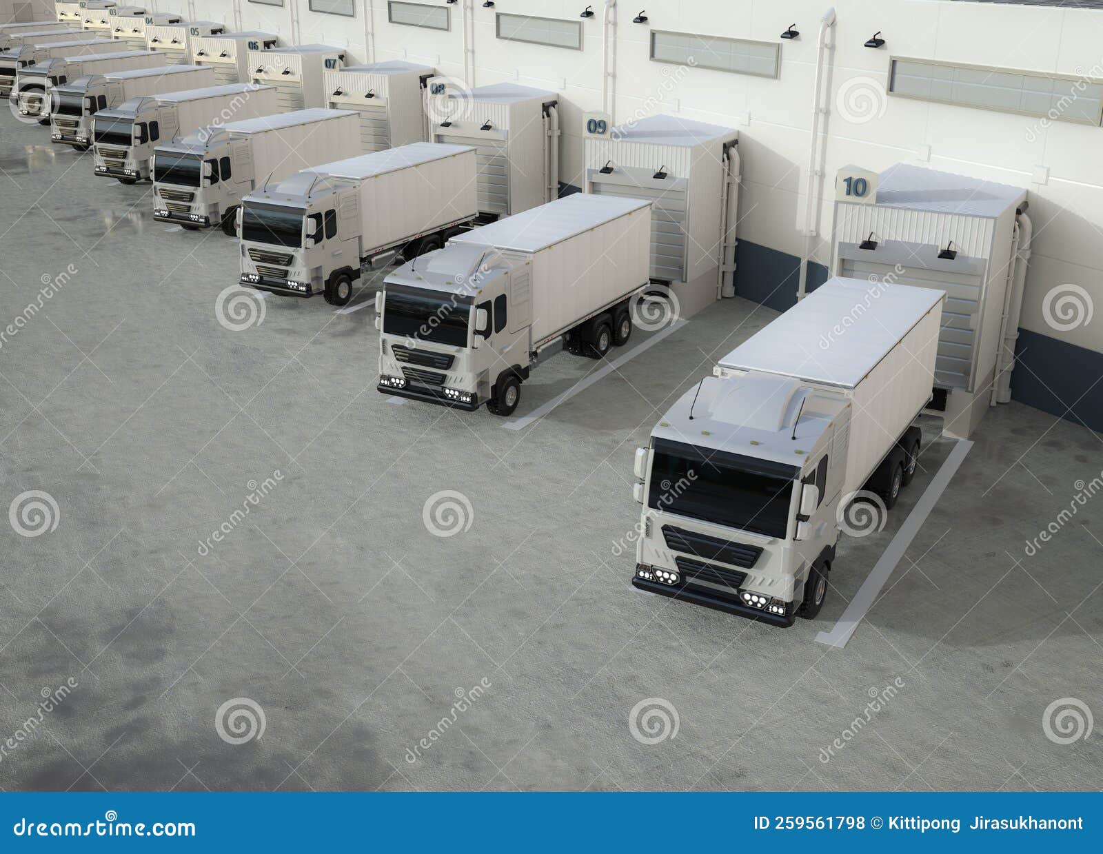Group of Logistic Trailer Trucks or Lorries at Warehouse Stock ...