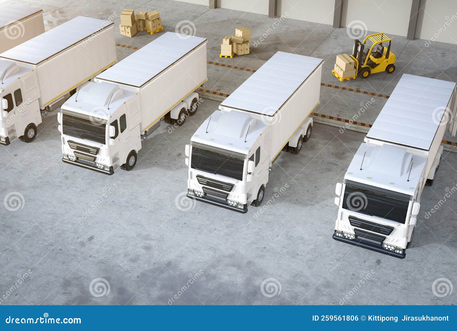 Group of Logistic Trailer Trucks or Lorries at Warehouse Stock ...