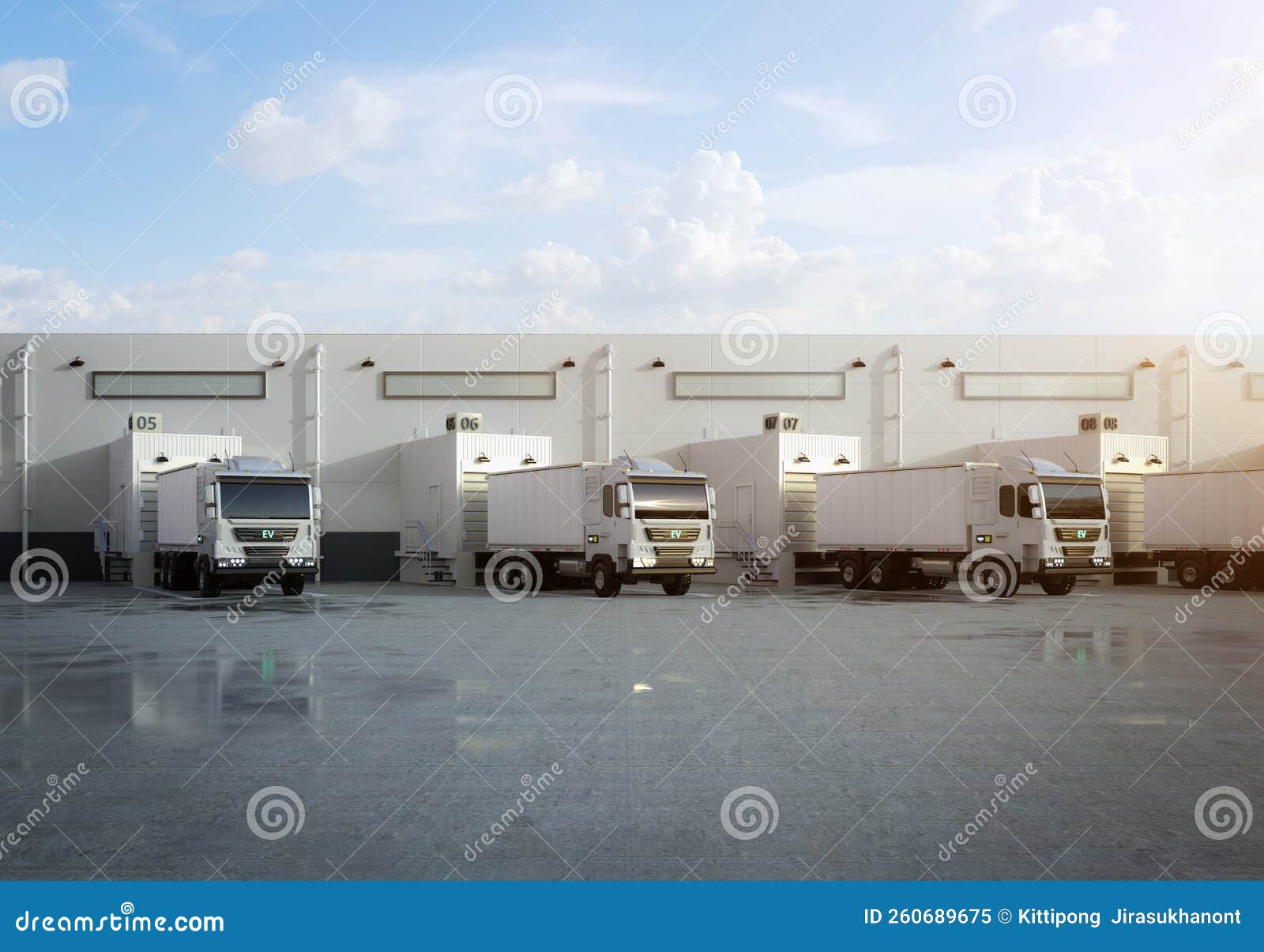 Group of Logistic Trailer Trucks or Lorries at Warehouse Stock ...