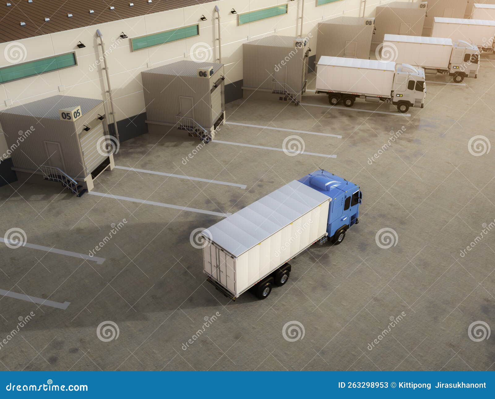 Group of Logistic Trailer Trucks or Lorries at Warehouse Stock ...