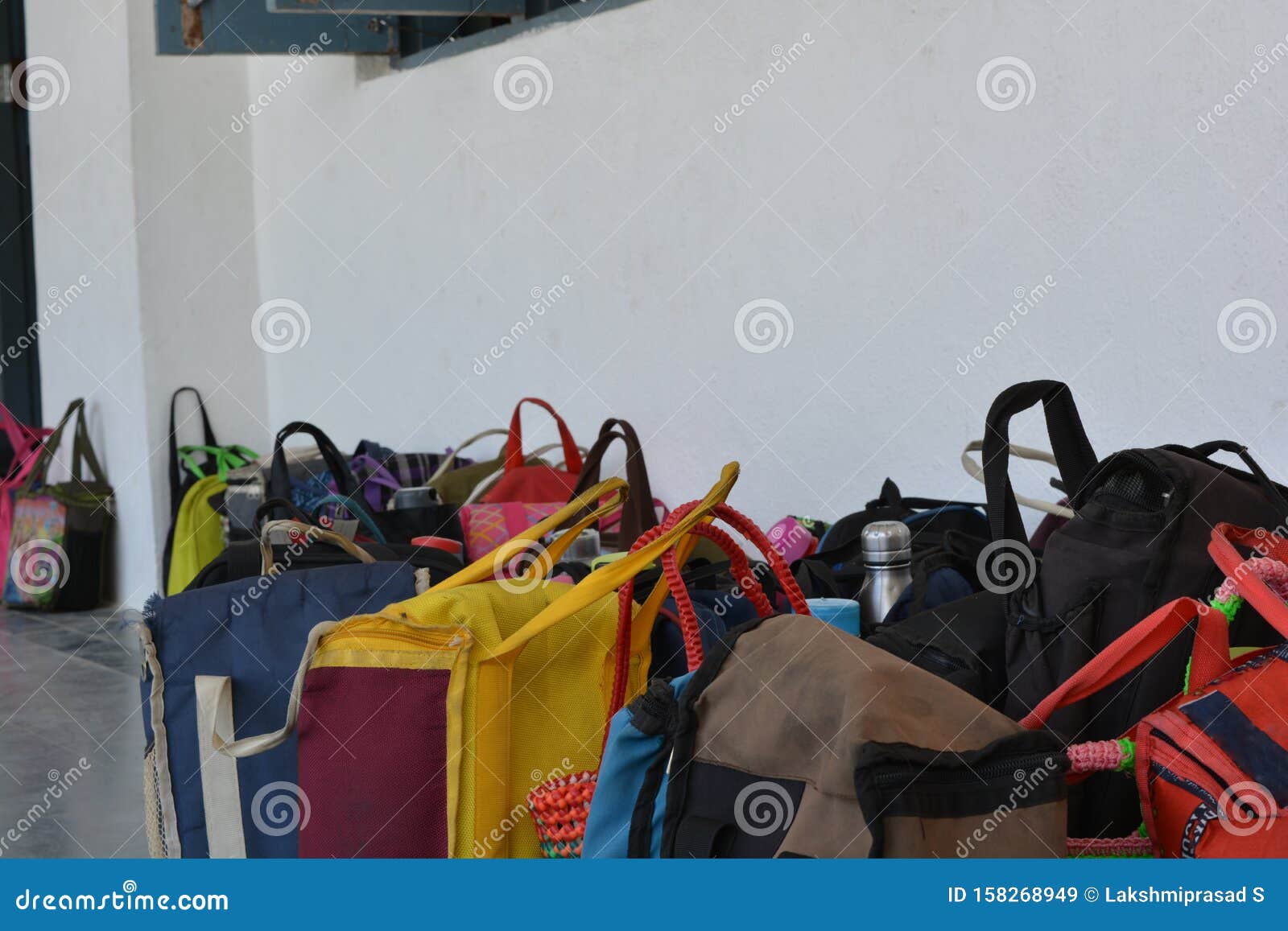 Group of Lunch Boxes Kept Outside the Classrooms at School Corridor ...