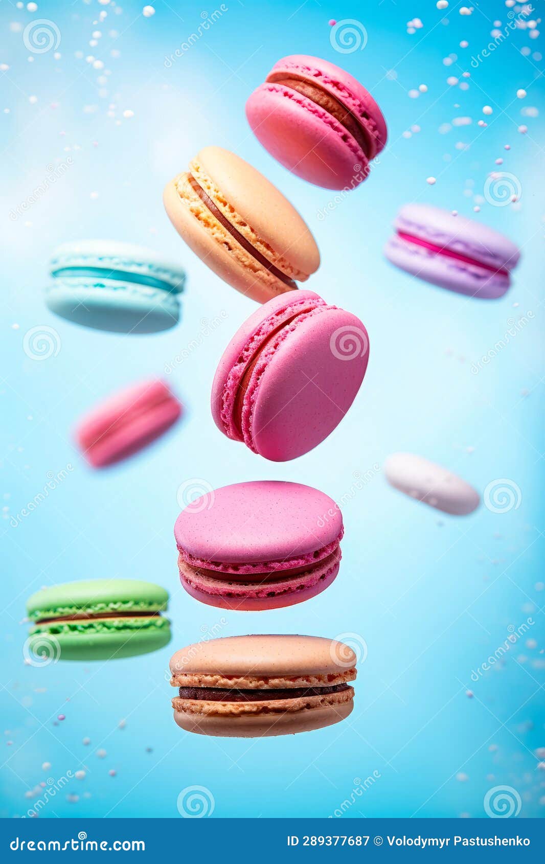 Group of Macaroons Flying through the Air with Bubbles. Generative AI ...