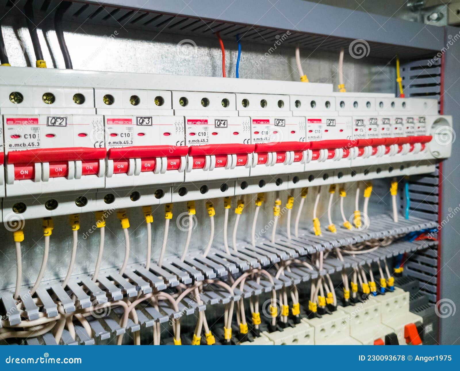 Group of Circuit Breakers in Row in Electrical Cabinet of Automation ...
